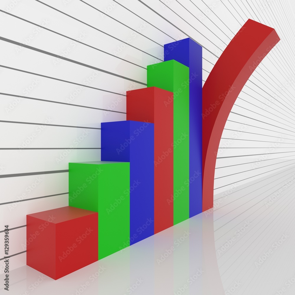 A 3D rendered graph with red, green and blue bars with the last bar ...