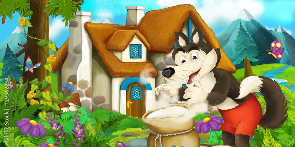 Cartoon scene with wolf near village house with a sack full of flour ...