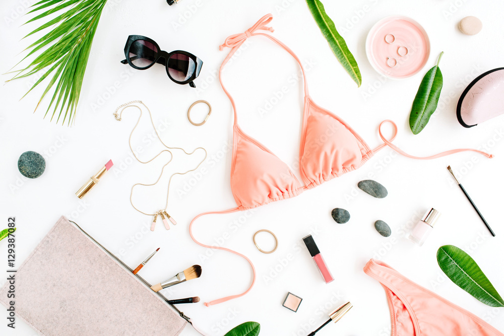 female summer bikini swimsuit and accessories collage on white with ...