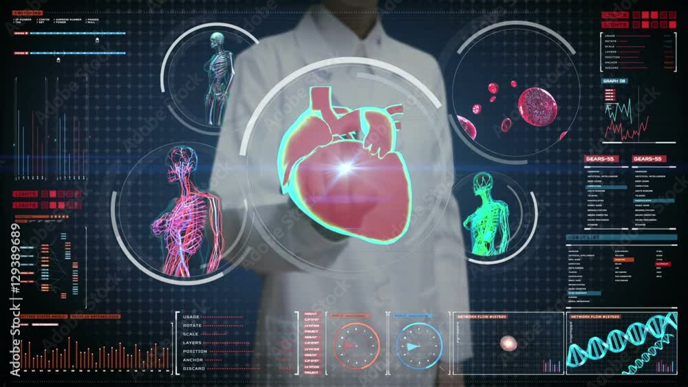 Female doctor touching digital screen, Female body scanning blood ...