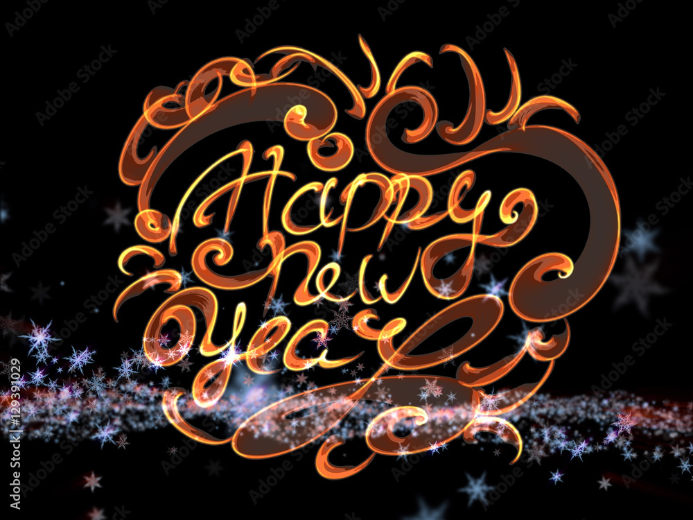 Happy new year words lettering written with fire flame or smoke on ...