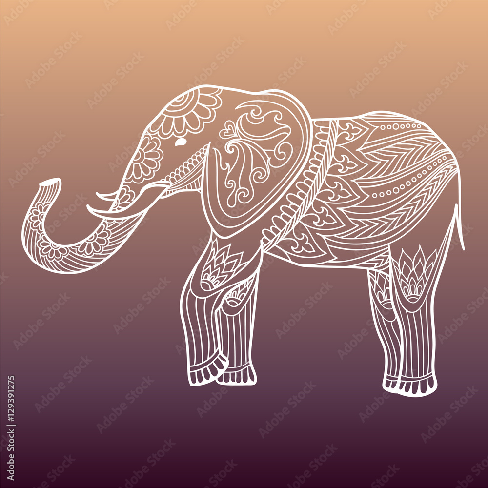Indian elephant in traditional asian style. Ornate linear elephant on ...