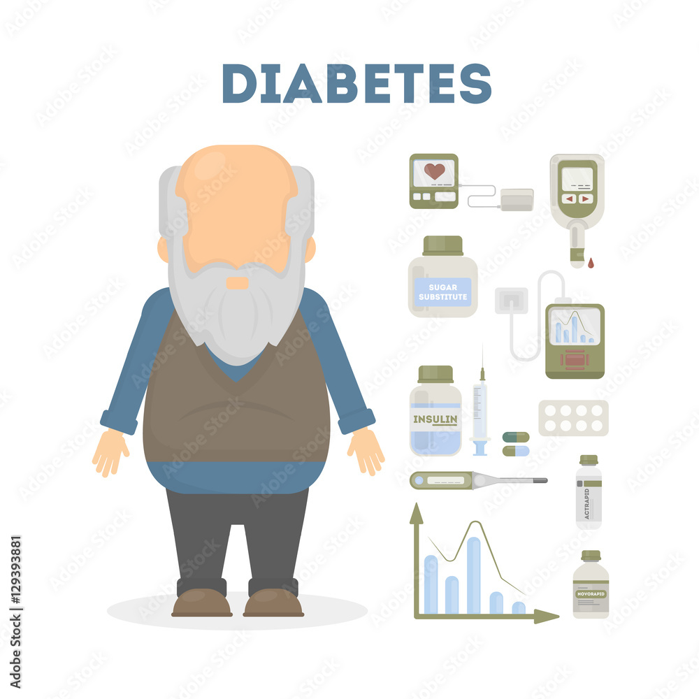 Diabetes infographic set. old Man with equipment standing on white ...