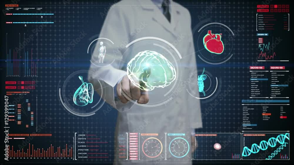 Doctor touching digital screen, Scanning brain, heart, lungs, internal ...