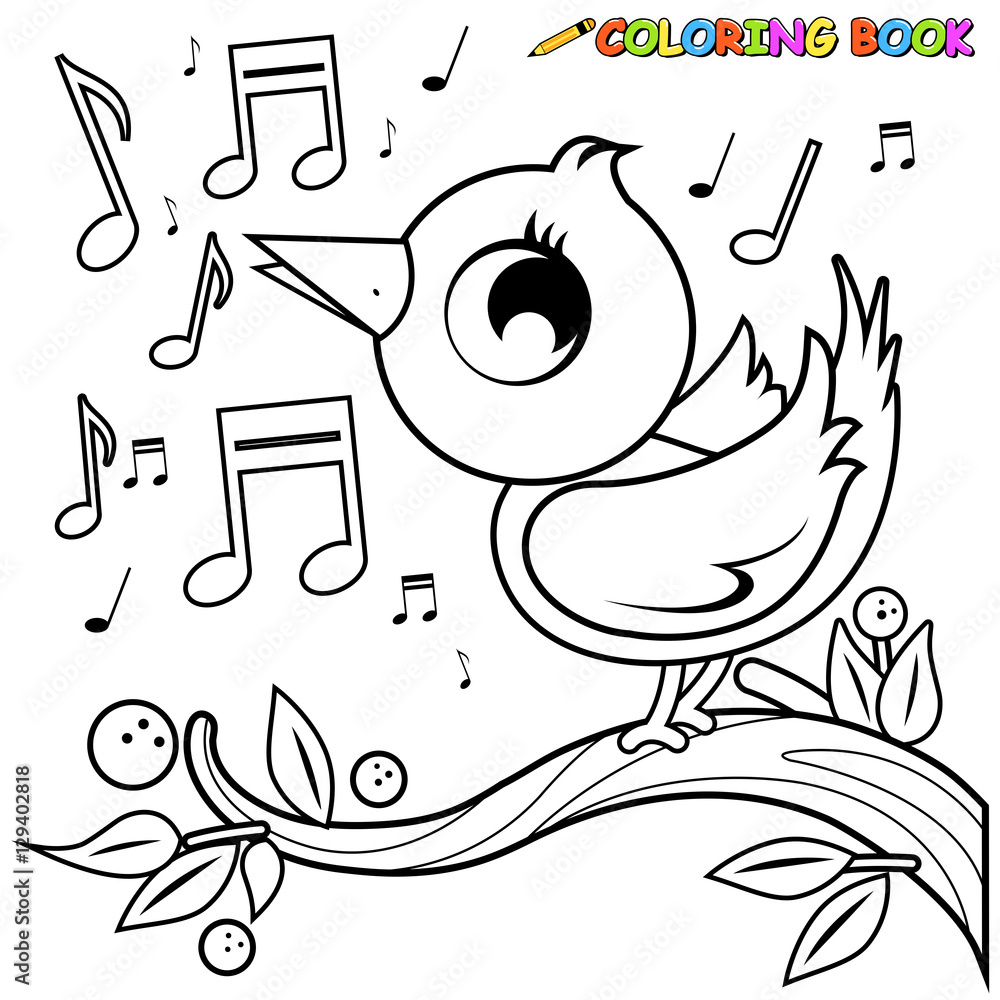Cute Bird On A Tree Branch Singing Vector Black And White Coloring Cute Bird On A Tree Branch Singing Vector Black And White Coloring