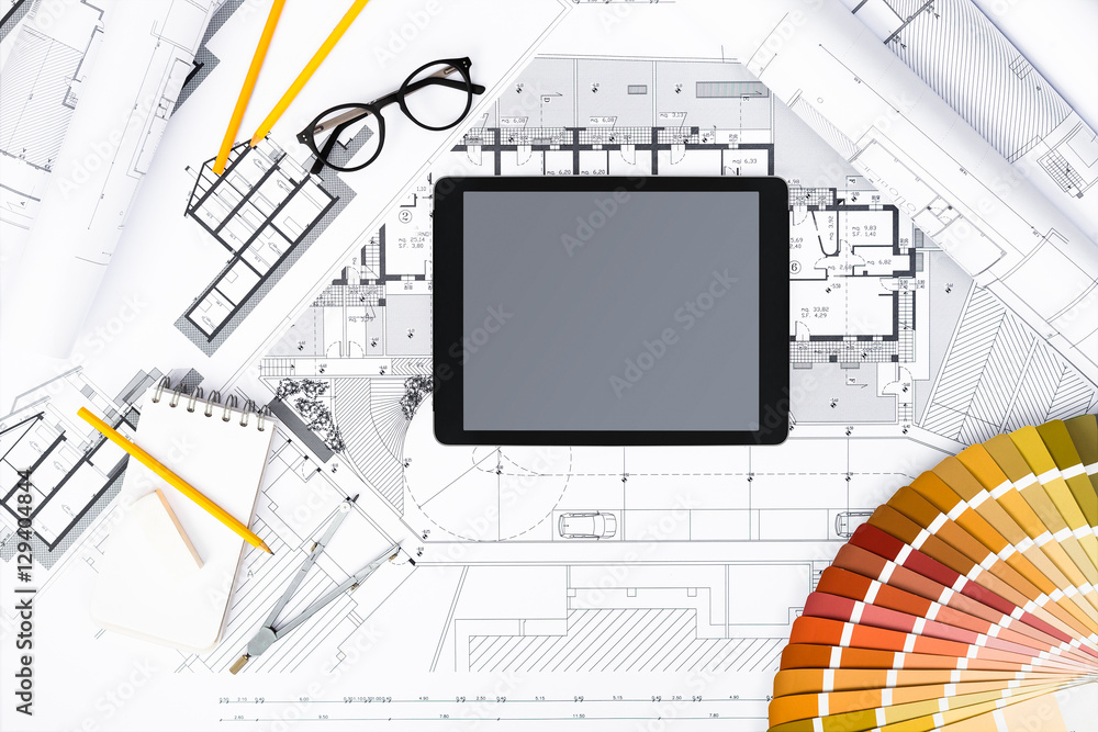 Construction plans with Drawing Tools, Colors Palette and Tablet Stock ...