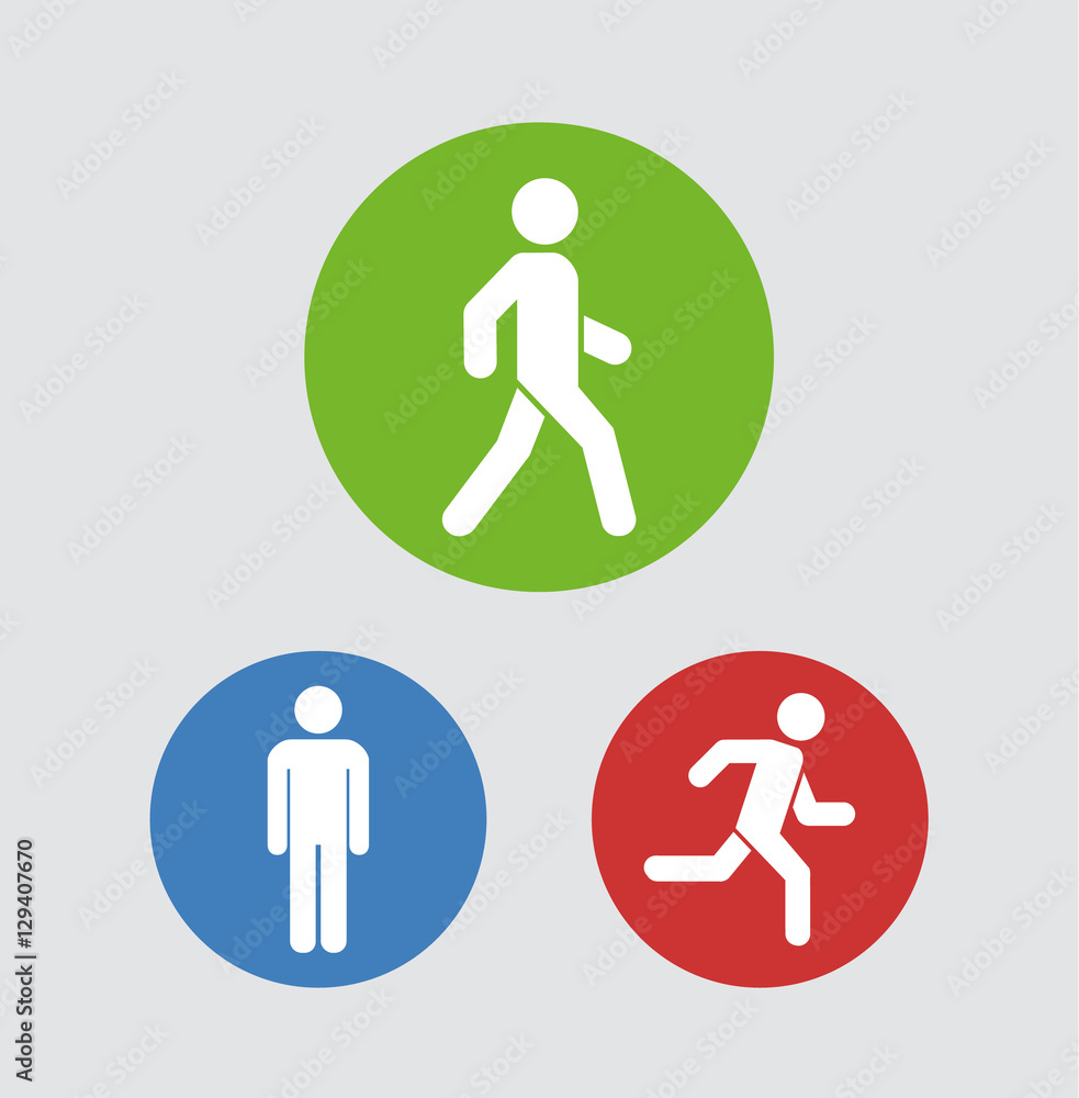 Man stands, walk and run icon set . People color circle symbol . Vector ...