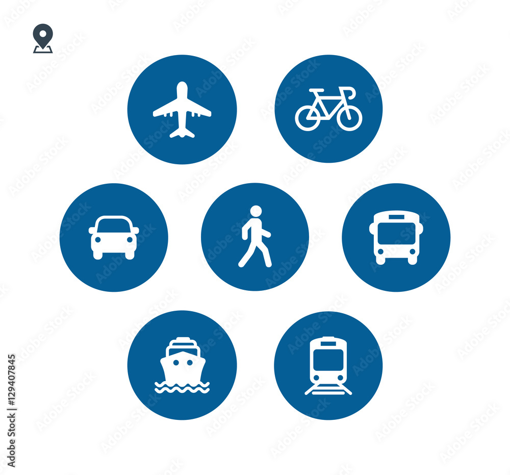 Transport icons. Walk man, Bike, Airplane, Public bus, Train, Ship ...