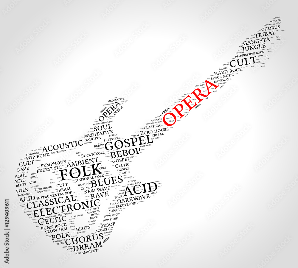 Opera. Word cloud, guitar, gradient grey background. Music concept ...