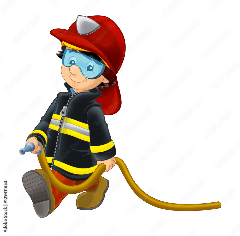 Cartoon happy and funny fireman walking - isolated background ...