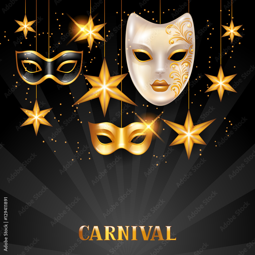 Carnival invitation card with golden masks and stars. Celebration party ...