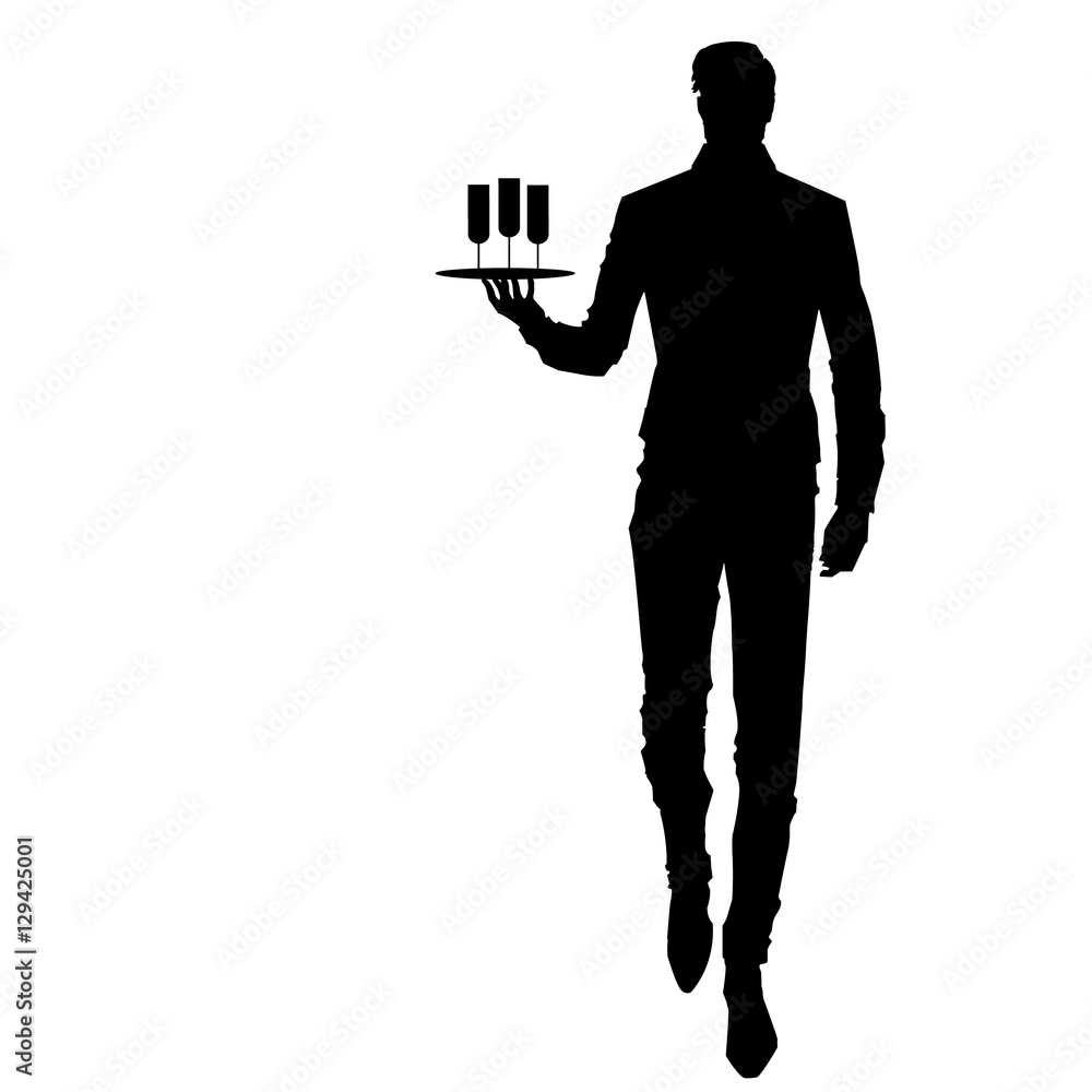 Elegant waiter with a tray. Silhouette of the elegant waiter in a ...