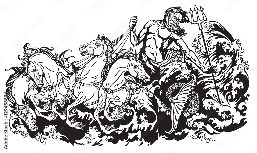 Poseidon or Neptune god of the sea driving a chariot pulled by four ...