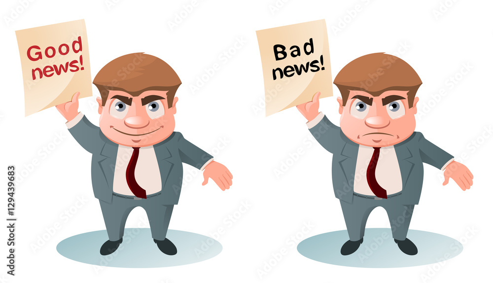 Good News Bad News - Businessman holding sign. Cartoon styled vector ...
