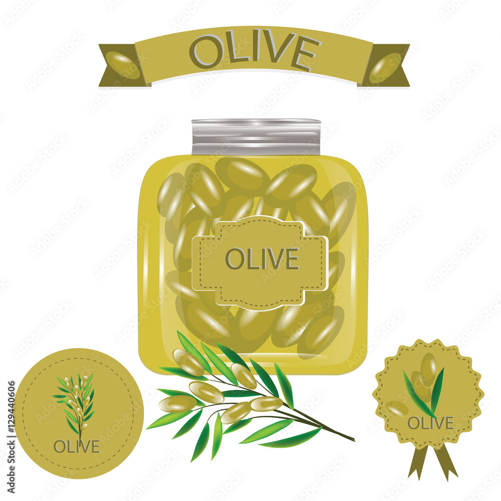 set of green olives in a glass jar labels branch with olives isolated ...