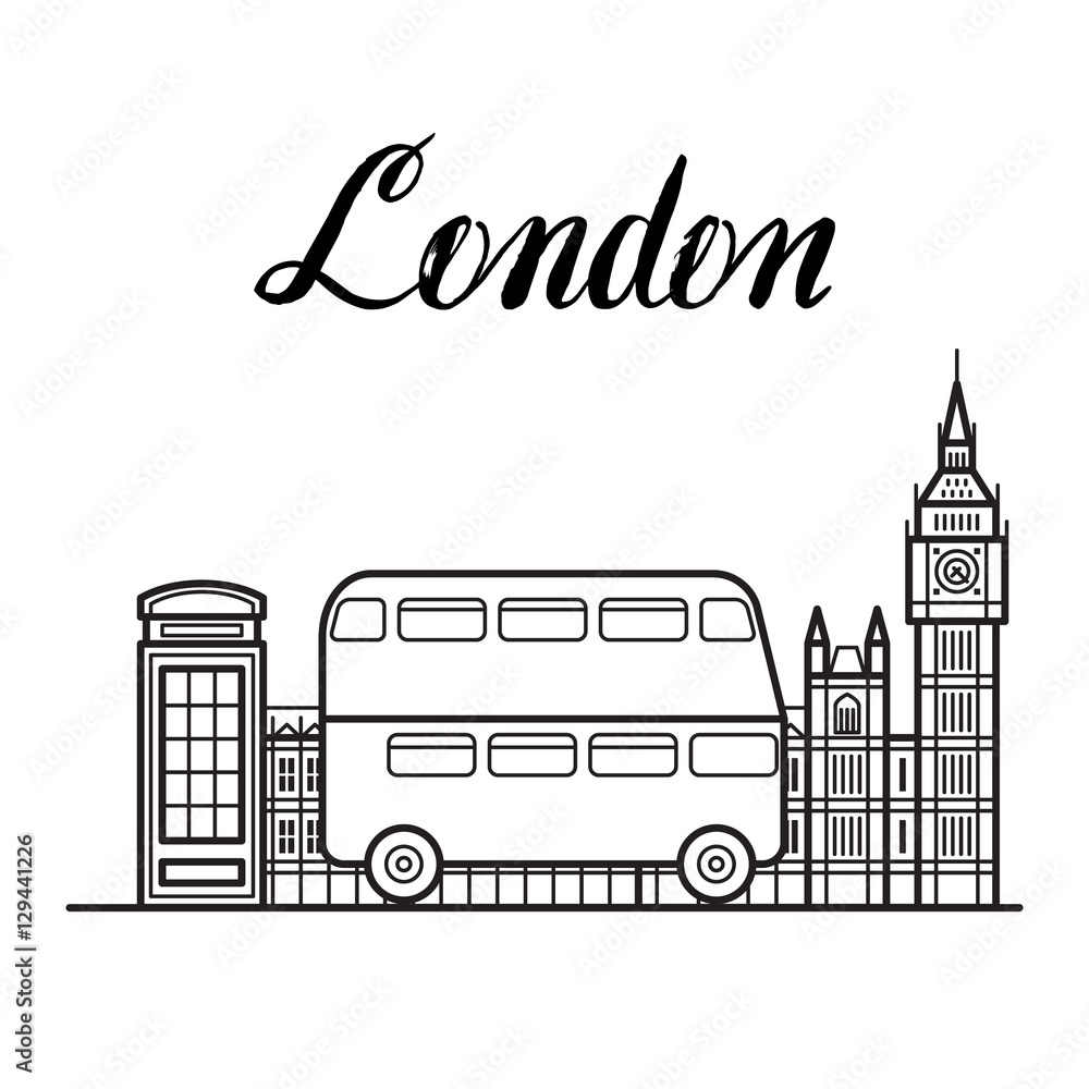 London bus and Big Ben building illustration with modern lettering ...