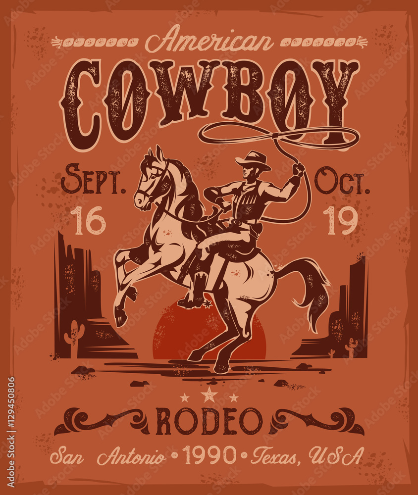 Rodeo poster with a cowboy sitting on rearing horse in retro style ...