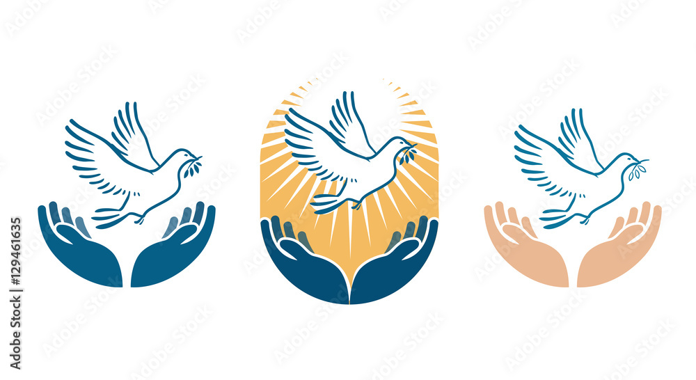 Dove bird carrying olive branch in beak as a peace symbol. Vector logo ...