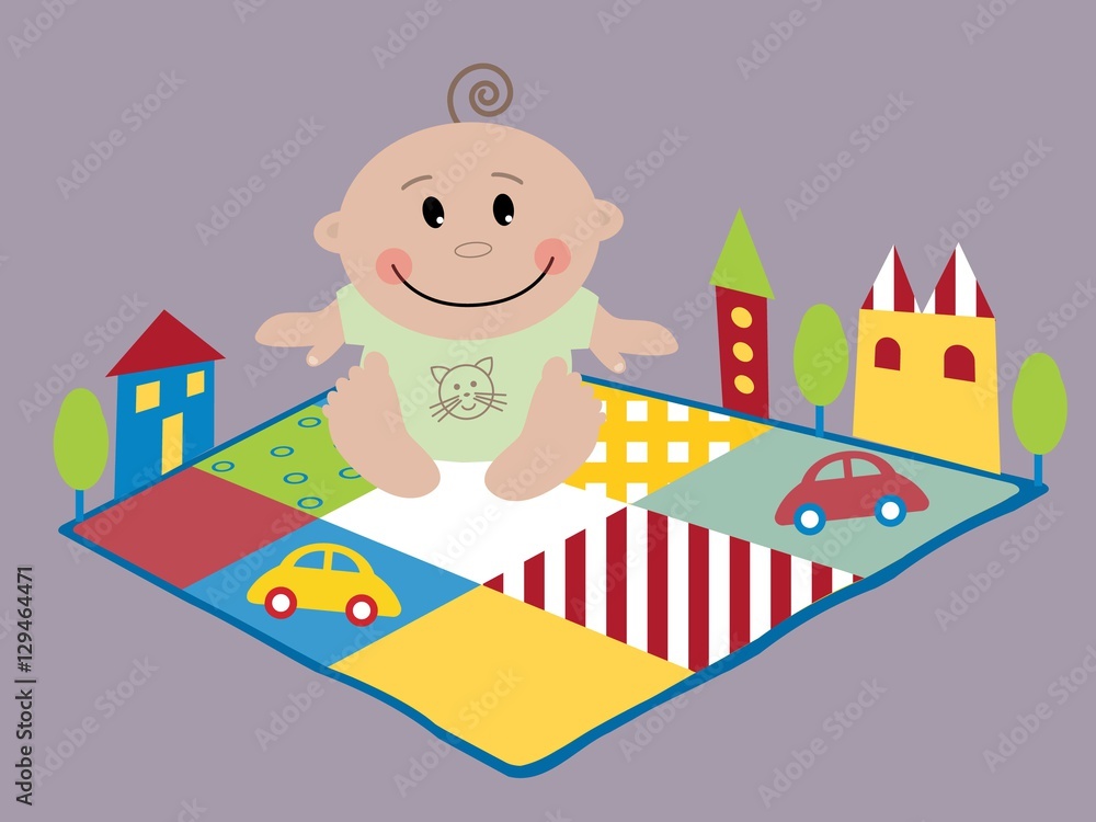 Baby boy vector illustration. Little boy is sitting on the playing rug ...