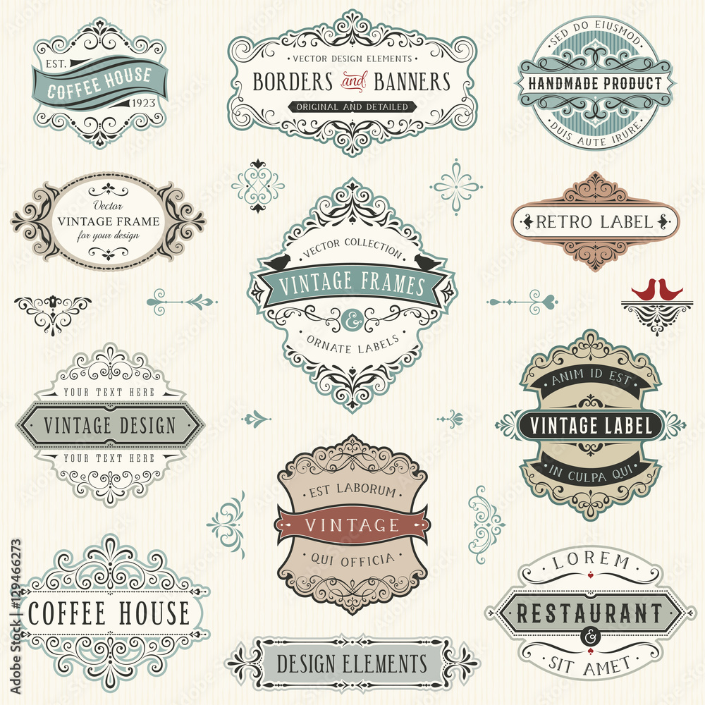 Vintage ornate labels, signs, banners and frames. Vector illustration ...