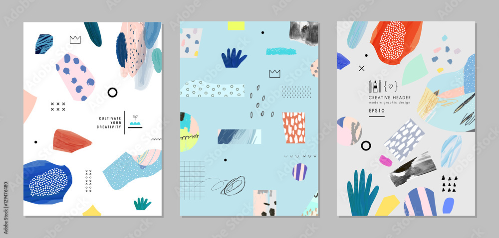 Collection of trendy creative cards with different shapes and textures ...