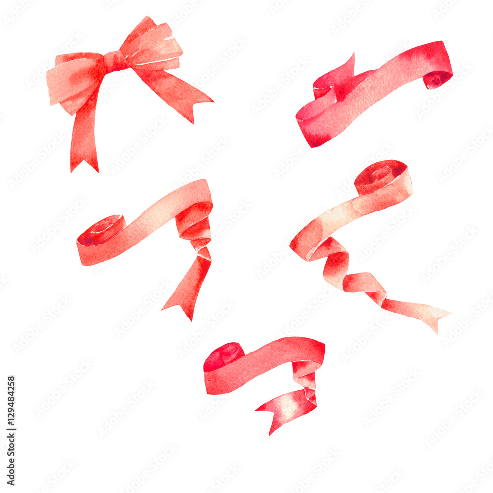 Decorative set with watercolor red ribbons and bows as design elemets ...