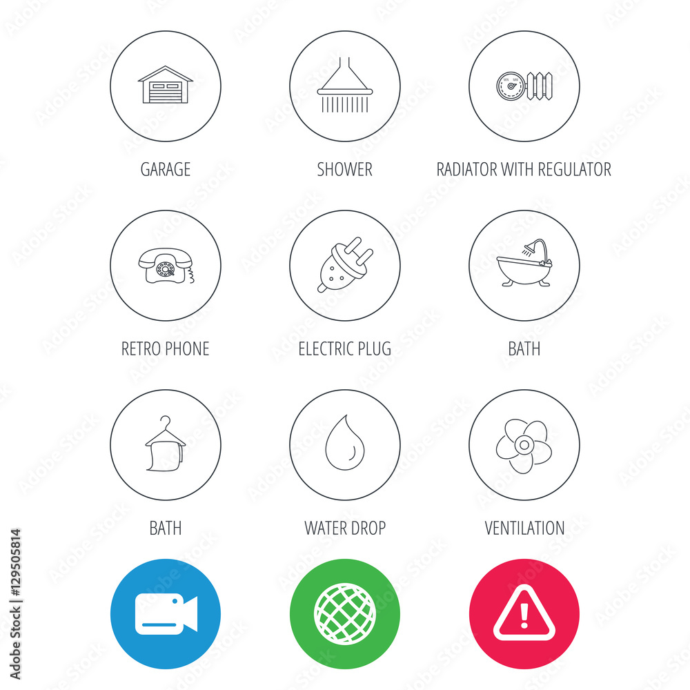 Ventilation, heat radiator and electric plug. Retro phone, shower and ...