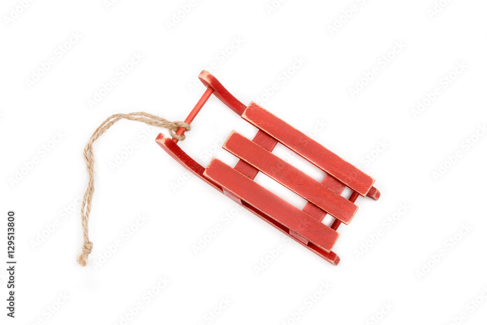 Red wooden sled with jute cord,isolated on white background. Winter ...