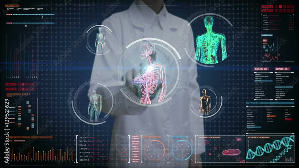 Female doctor touching digital screen, Female body scanning blood ...