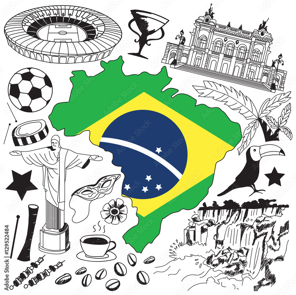 Travel to Brazil doodle drawing icon. Doodle with culture, costume ...