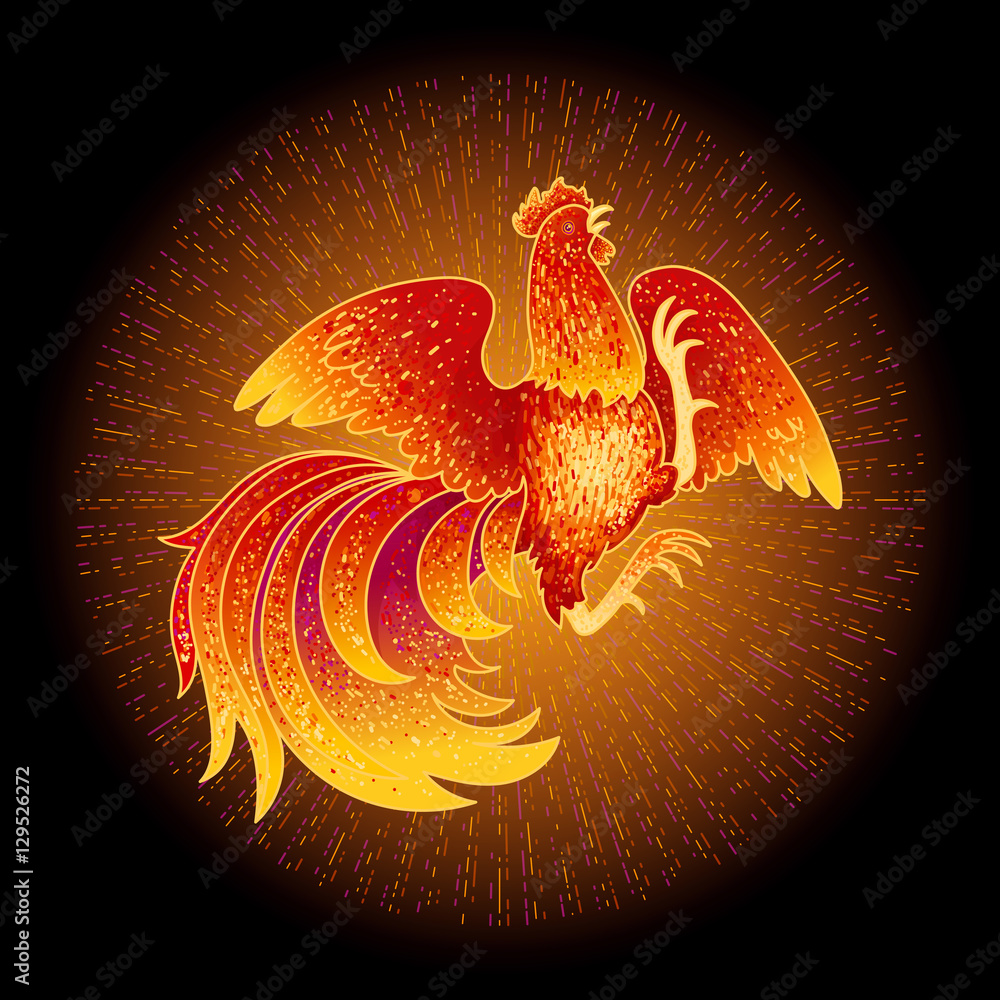 2017, the Year of the Fire Rooster in Chinese Horoscope. Red and gold ...
