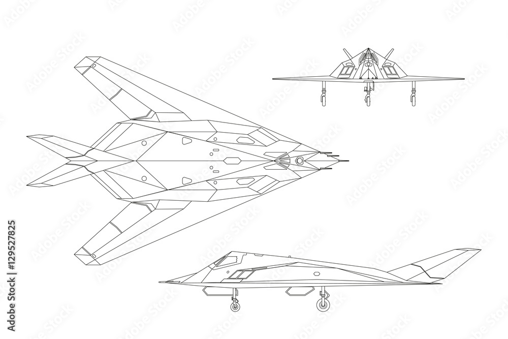 Military aircraft. Contour drawing of war plane. Airplane views: Stock ...