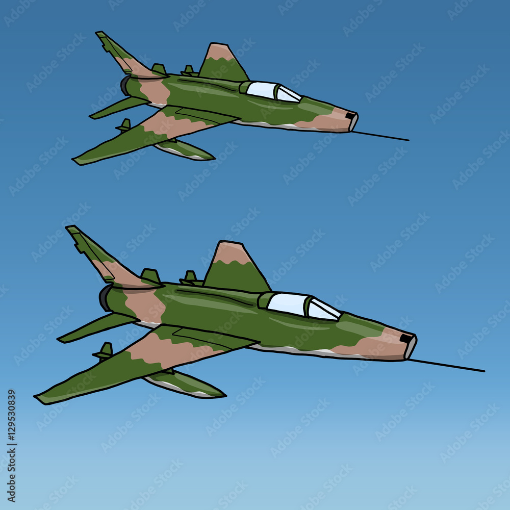 Hand drawn cartoon illustration of Military aircraft. Vietnam War Era ...