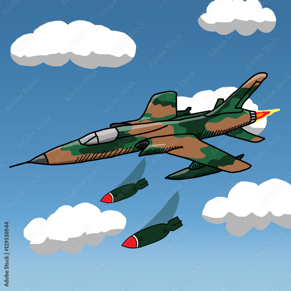 Hand drawn cartoon illustration of Military aircraft dropping bombs ...