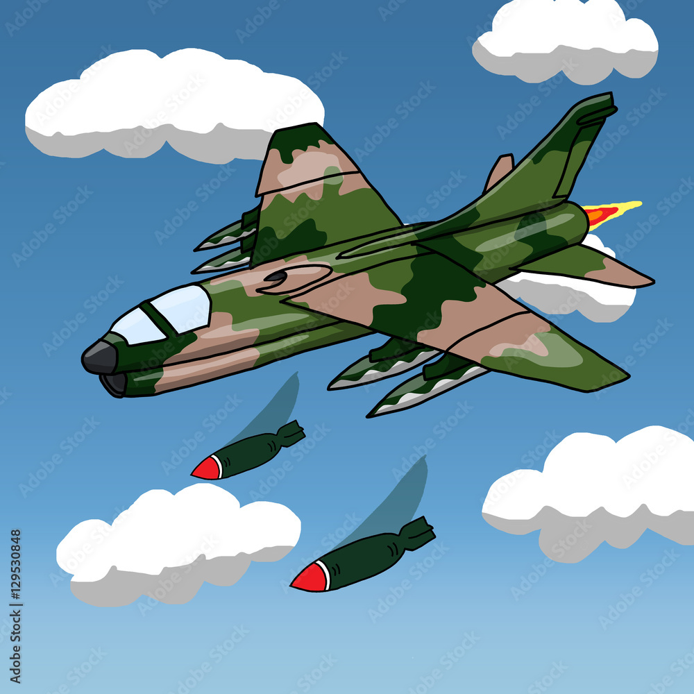 Hand drawn cartoon illustration of Military aircraft dropping bombs ...