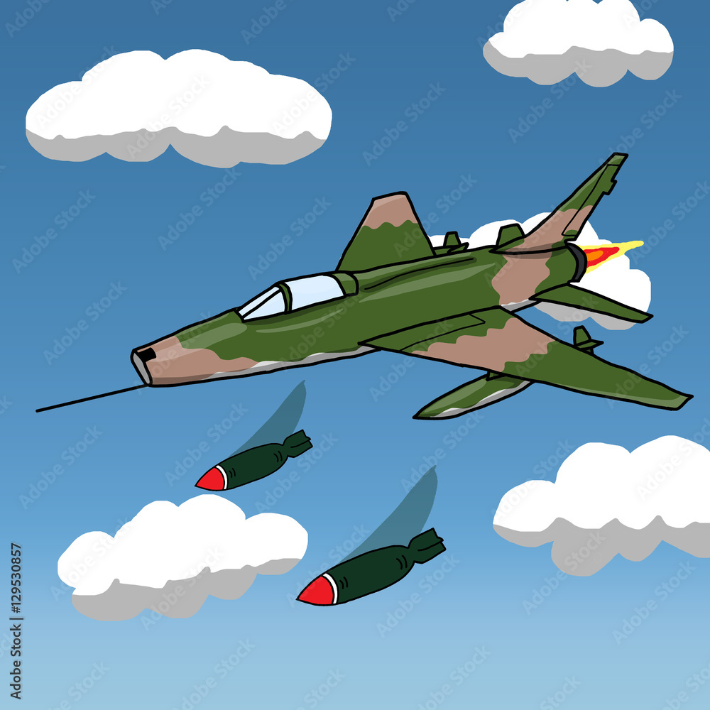 Hand drawn cartoon illustration of Military aircraft dropping bombs ...