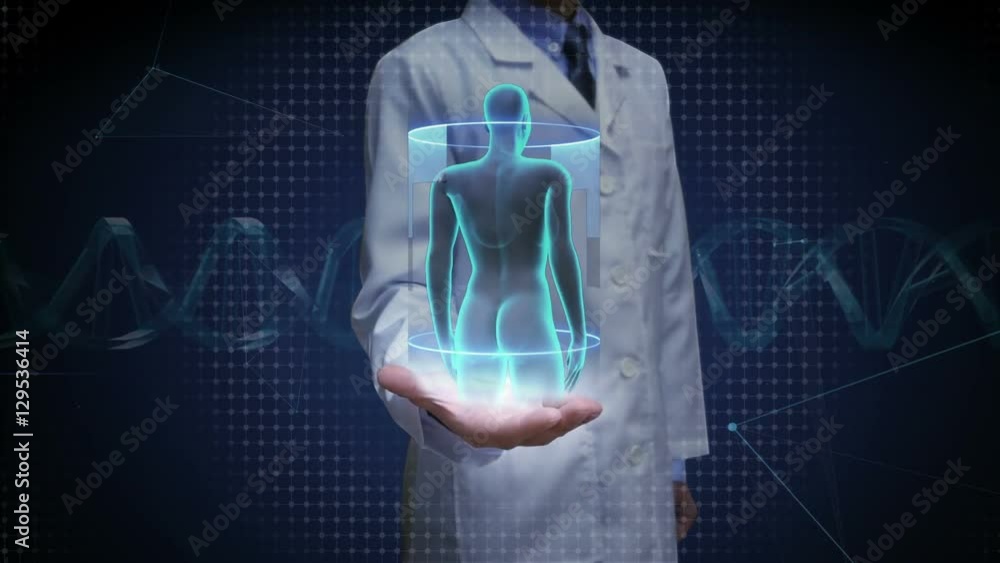 Doctor open palm, Zooming female Human body scanning internal organs ...