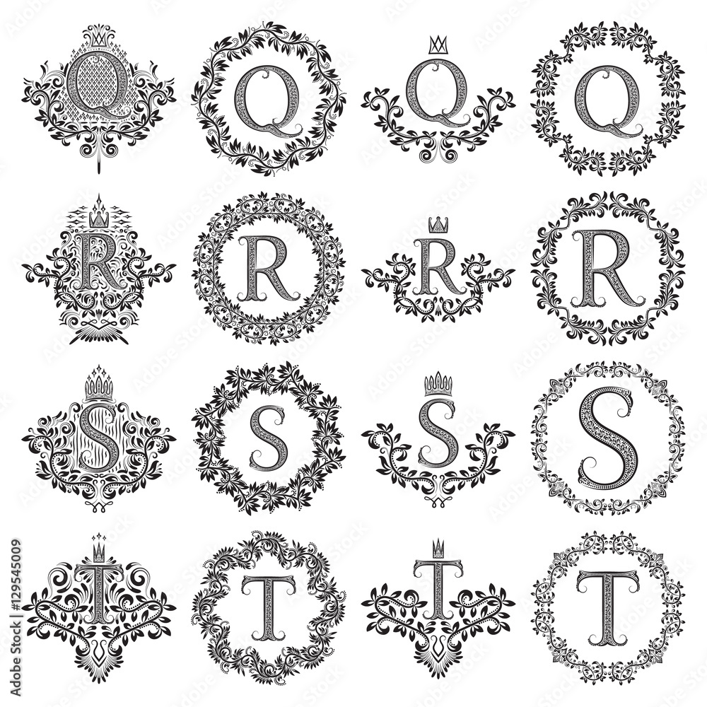 Vintage monograms set of letters Q, R, S, T. Heraldic coats of arms, symbols in floral round and ...