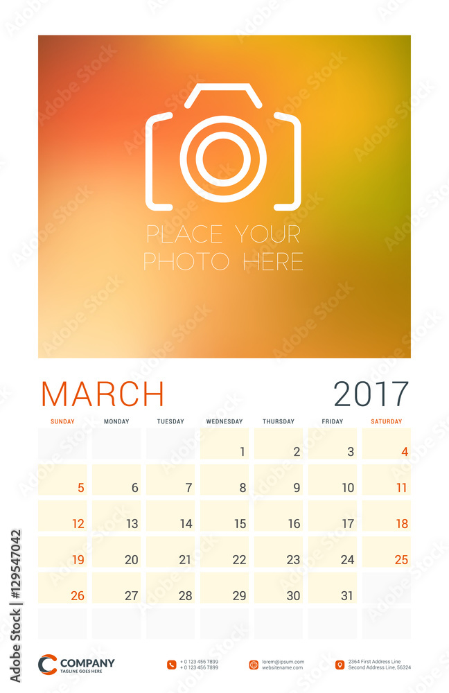 Wall Calendar Planner Template for 2017 Year. March. Vector Design ...