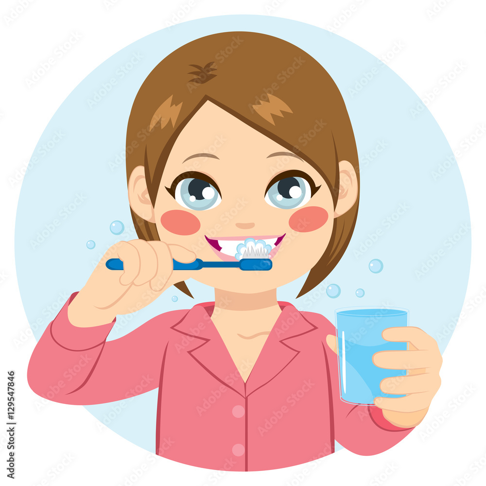 Cute little girl brushing teeth and holding glass of water Stock Vector ...