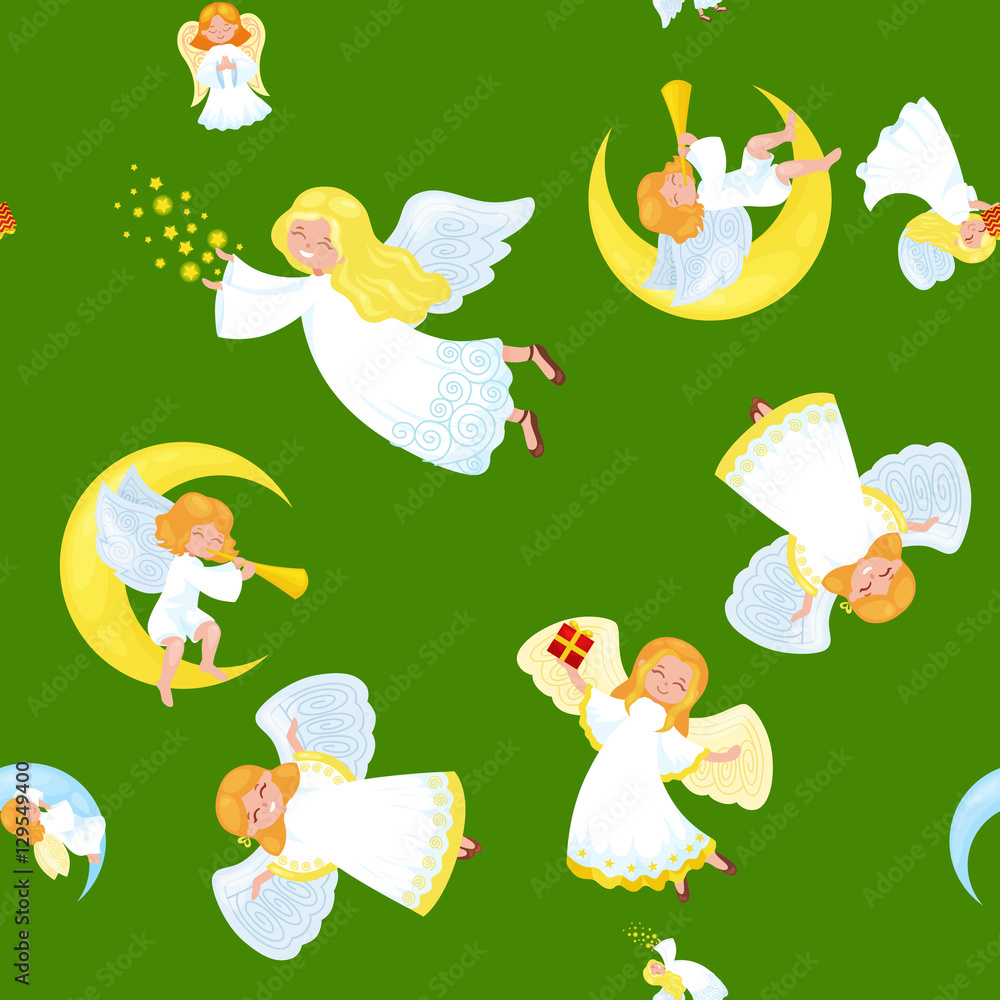 christmas holiday flying angel in the sky with wings and golden trumpet ...