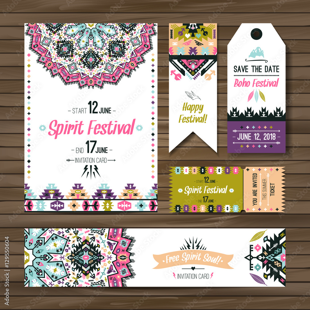 Set of geometric boho colorful flyers. Vector decorative ethnic ...