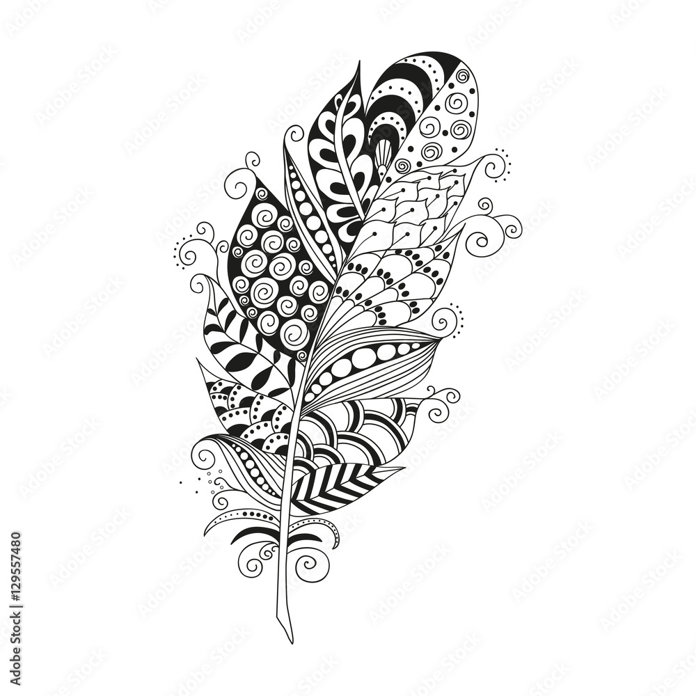 Hand drawn zentangle feather on white background Stock Vector | Adobe Stock