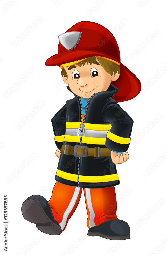 Cartoon happy and funny fireman - isolated background - illustration ...
