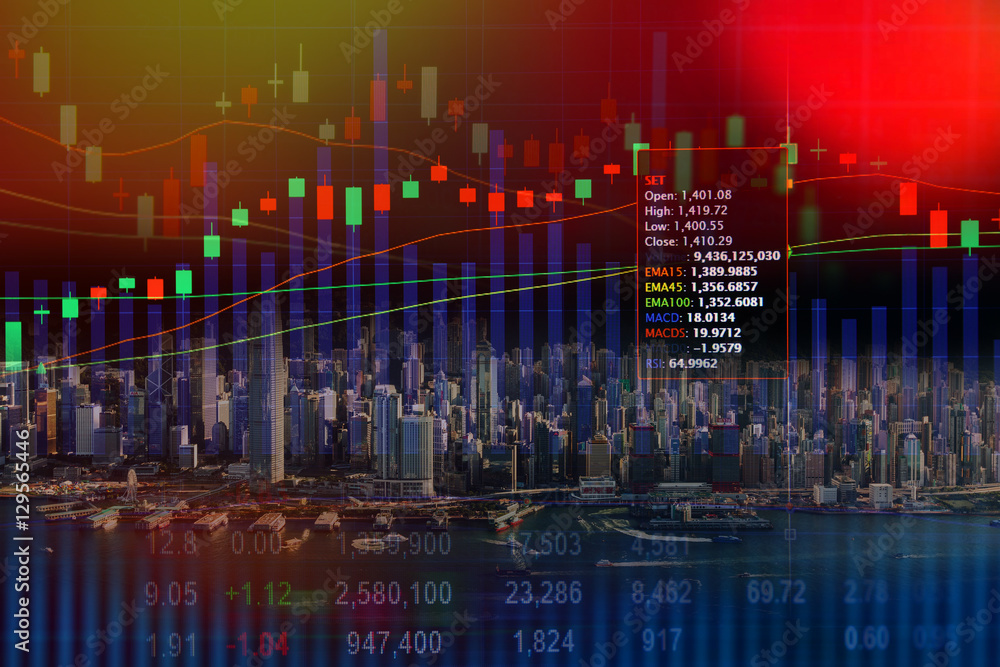 Double exposure of stocks market chart in blue on LED display concept ...