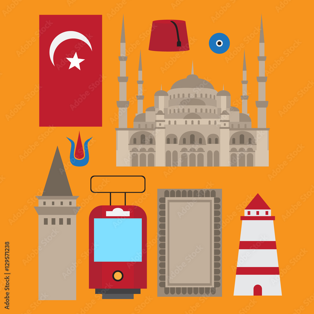 Turkish flat set design elements, landmark of Istanbul, Turkey. Symbols ...