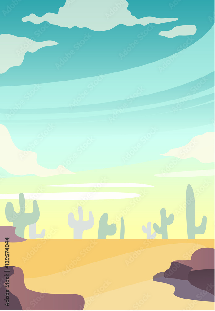 Cartoon nature sand desert landscape with cactuses and rocks. Vector ...
