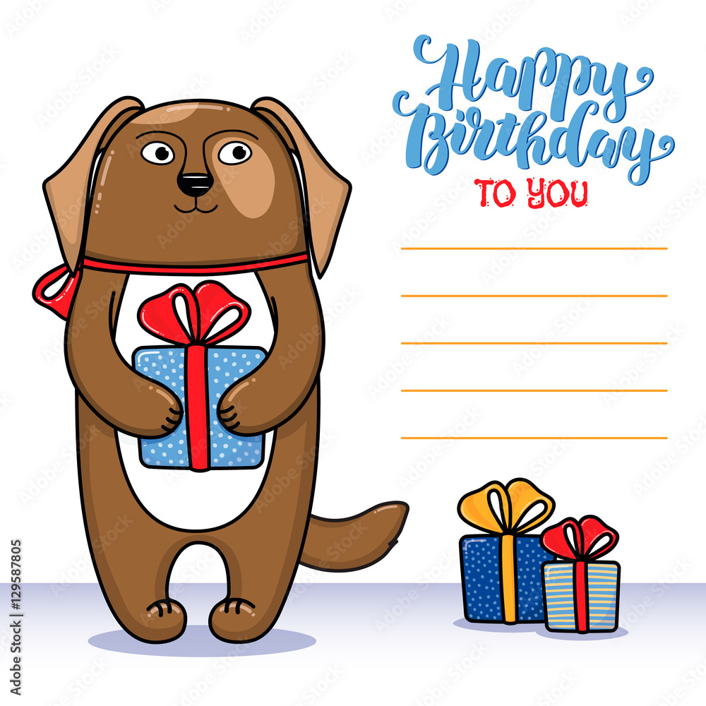 Happy birthday greeting card with dog holding a gift, lettering and ...