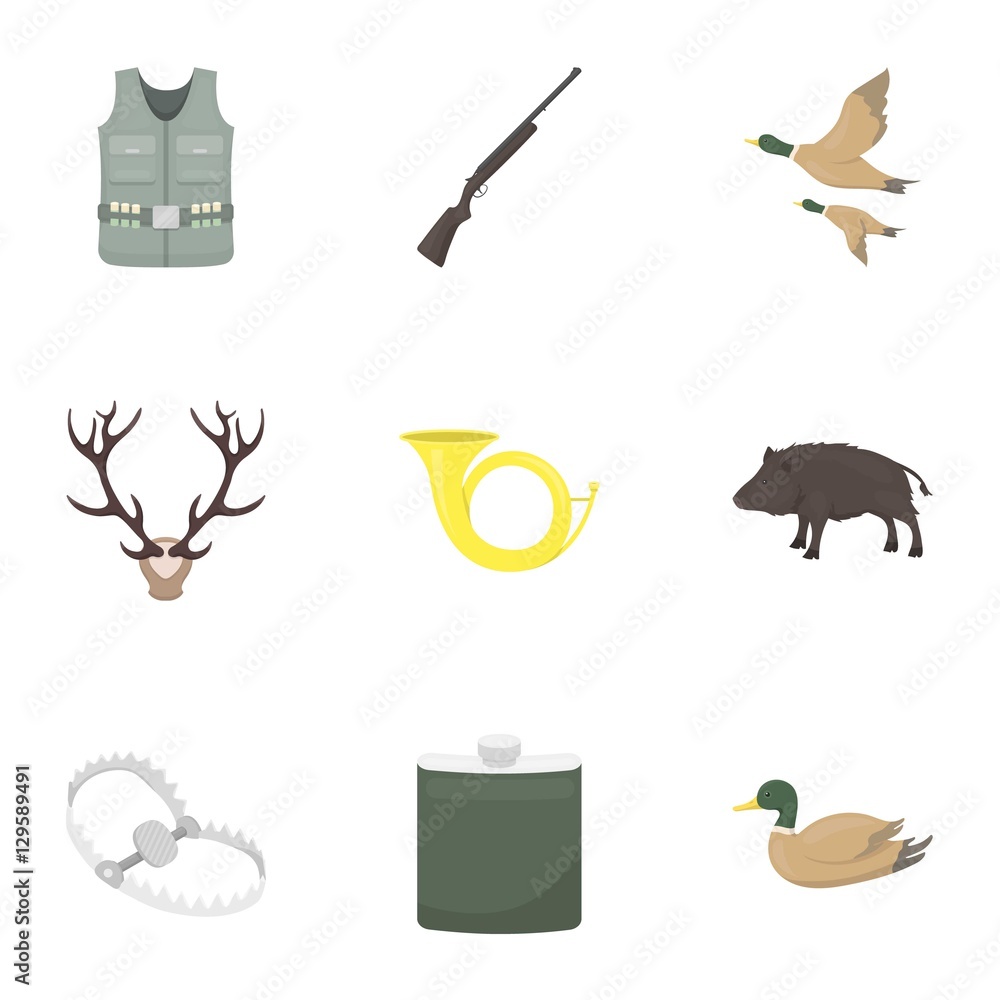 Hunting set icons in cartoon style. Big collection of hunting vector ...