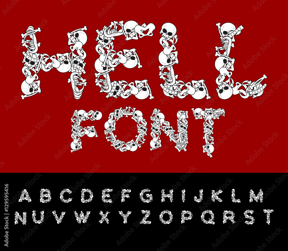 Hell font. Bones ABC. Skeleton Letters. Skull and spine. Jaw and Stock ...